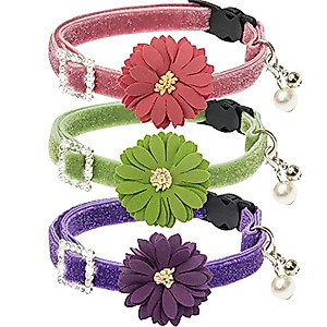 ZEEMIAS Breakaway Cat Collars with Bell - 3 Pack Flower Bling Cute Cat Collars for Girl Boy Cats - Adjustable Soft Velvet Cat Collar Accessories for Kitten, Adult Cats, Puppy