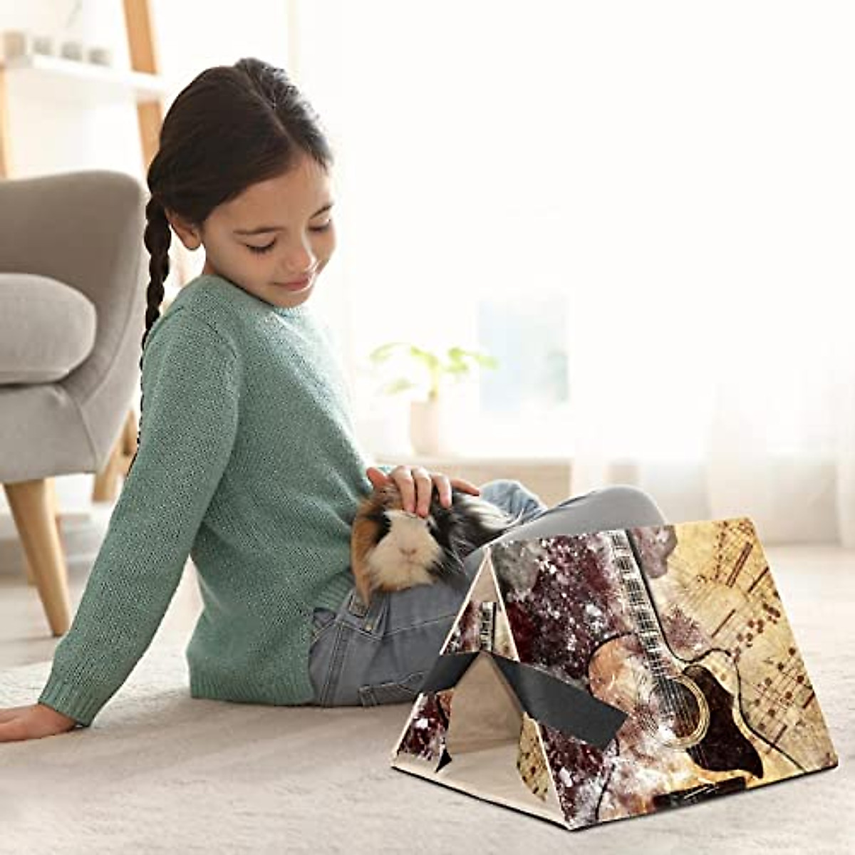 RATGDN Small Pet Hideout Guitar Art Painting Hamster House Guinea Pig Playhouse for Dwarf Rabbits Hedgehogs Chinchillas