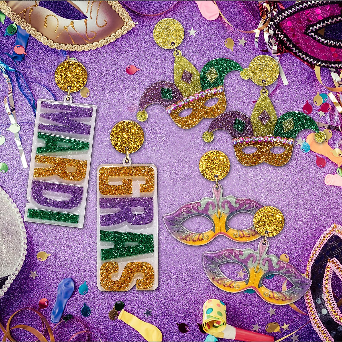 Mardi Gras Earrings for Women Acrylic Mardi Gras Dangle Earrings Letter MARDI GRAS Jester Hat Mask Star Earrings Fleur De Lis Earrings Carnival Fat Tuesday Earrings Holiday Gift (4Pairs)