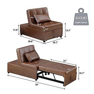 LEVNARY Convertible Chair Bed Sleeper, Pu Leather 4 in 1 Single Sofa Folding Chair Ottoman, Pull Out Small Couch Ottoman Bed for Home Living Room (Leather Brown)