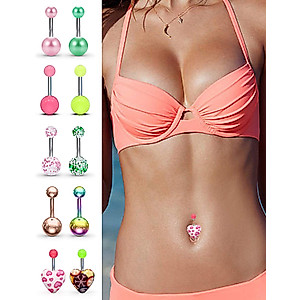 SCERRING Belly Button Rings 14G Stainless Steel Navel Belly Earring Heart Opal Navel Ring Barbell Body Piercing Jewelry 32PCS Mix Color