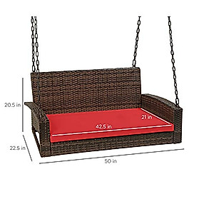 Best Choice Products Woven Wicker Outdoor Porch Swing, Hanging Patio Bench for Deck, Garden w/Mounting Chains, Seat Cushion - Brown/Red