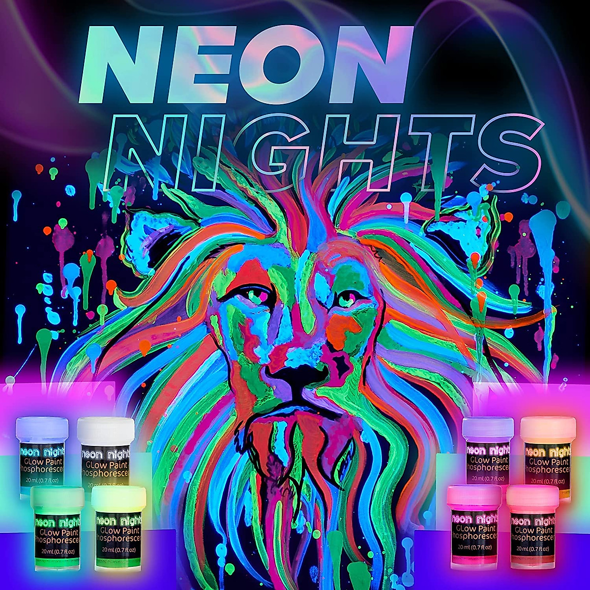 neon nights Glow-in-The-Dark Paint - Multi-Surface Acrylic Paints for Outdoor and Indoor Use on Canvas & Walls - Gifts for Artists - Phosphorescent - Stocking Stuffers for Boys and Girls