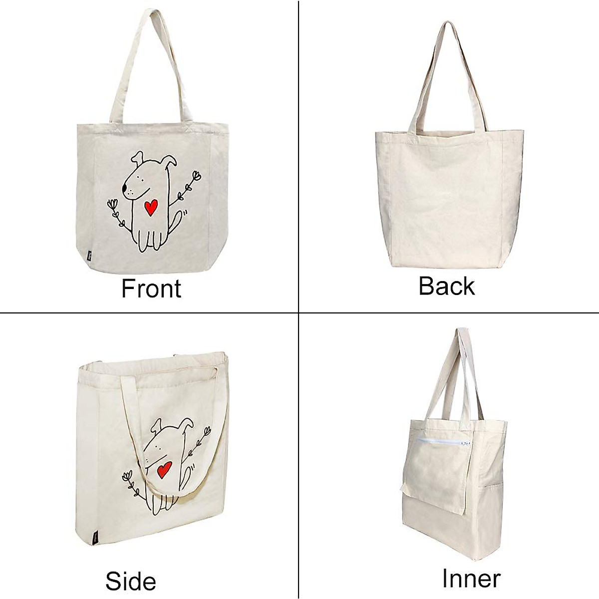 Canvas Tote Bag with 3 Inner Pocket Cotton Heavy Duty Gusseted Shopping Bag for Weekend Overnight School Book (Cute Dog)