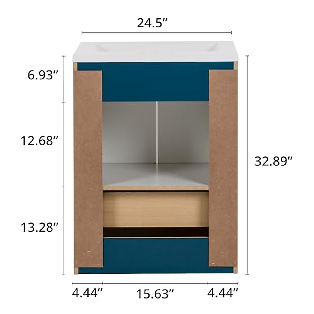 Spring Mill Cabinets Emlyn 24 Inch Bathroom Vanity with White Single Sink Top, 2-Door Cabinet, 1 Drawer, 24.5" W x 18.75" D x 32.89" H, Admiral Blue