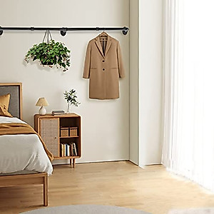 QNK Clothes Drying Rack 72 Inch Industrial Pipe Shelving Garment Bar Hanger Closet Rod Wall Mounted Heavy Duty Cast Iron w/5 Hooks 3 Bases