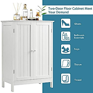 Tangkula Bathroom Floor Cabinet, Freestanding Storage Cabinet with Double Doors and Shelf, Modern Home Furniture, Wooden Home Organizer for Living Room, Bathroom Storage Cabinet, White