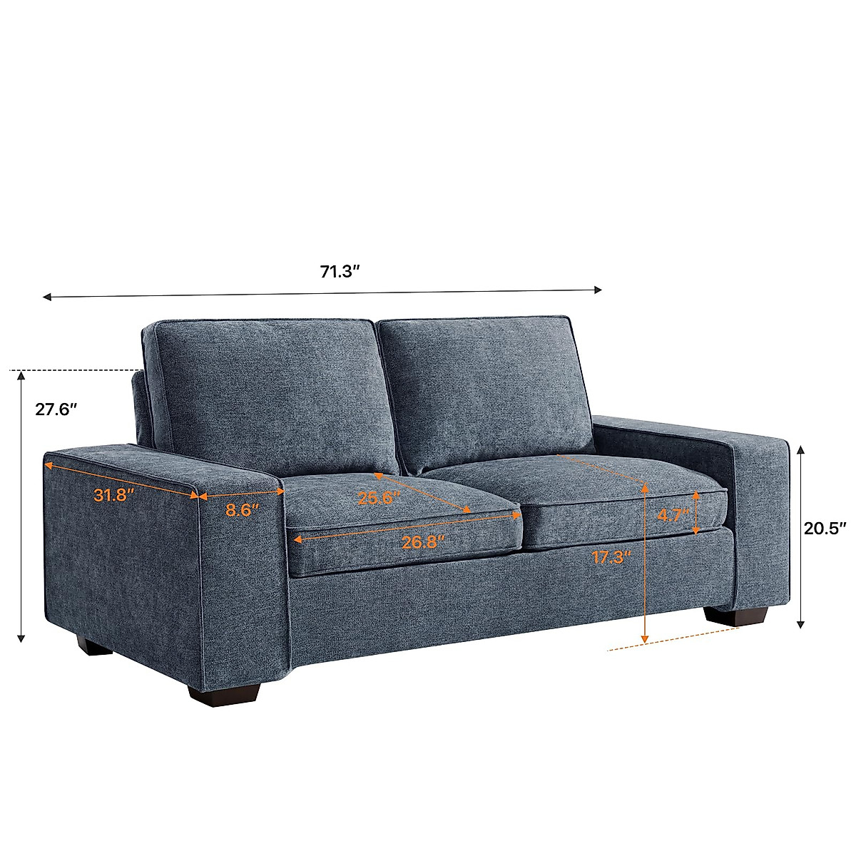 Luffield Chenille Loveseat Couch -71.3" Modern Design Sofa for Livingroom Clearance with Solid Wood, Metal Frame, Durable，Removable Back Cushion and Seat Cushion, Easy Cleaning(Blue)