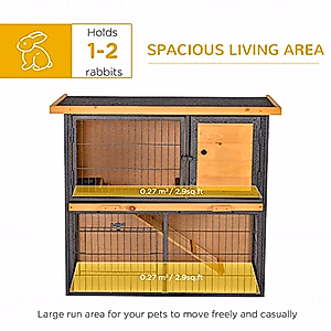 PawHut Wooden Rabbit Hutch Metal Frame Small Animal Habitat with No Leak Tray, Asphalt Openable Roof,Ramp and Lockable Door for Outdoor Light Yellow