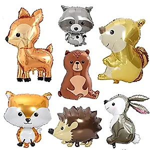 7PCS Woodland Animal Balloons Forest Animals Foil Mylar Balloon for Woodland Themed Baby Shower,Jumbo Bunny Fox Squirrel Hedgehog Raccoon Balloons Woodland Balloons for Birthday Party Decorations