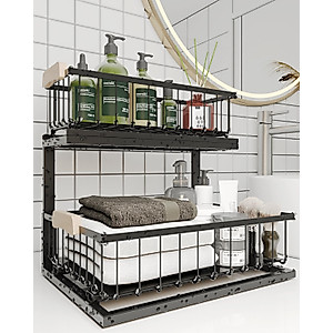 Lefipor Under Sink Organizer L-shaped. 2 Tier Pull Out Cabinet Organizer. Metal Sliding Shelf Storage. Slide Out Under Sink Storage Organizer for Kitchens, Bathrooms-Black