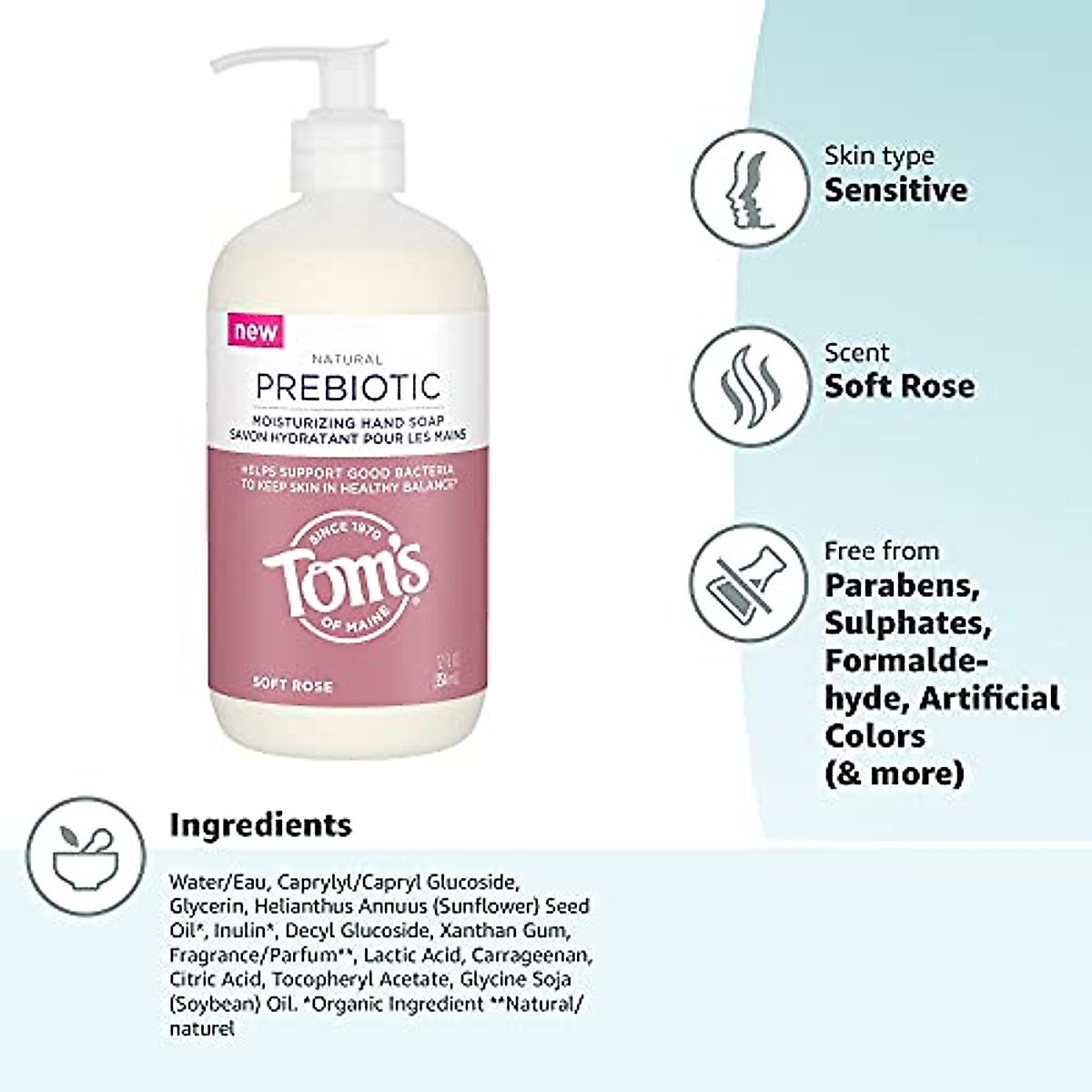 Tom's of Maine Prebiotic Moisturizing Natural Liquid Hand Soap, Soft Rose, 12 oz.