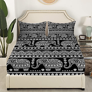 Elephant Fitted Sheet Full,Exotic Bohemian Black and White Bed Sheets Paisley Floral Bedding Sets for Kids Child,Ethnic Tribal Wildlife Bedding Decor Set Tribe Western Animals Boho Room Decor