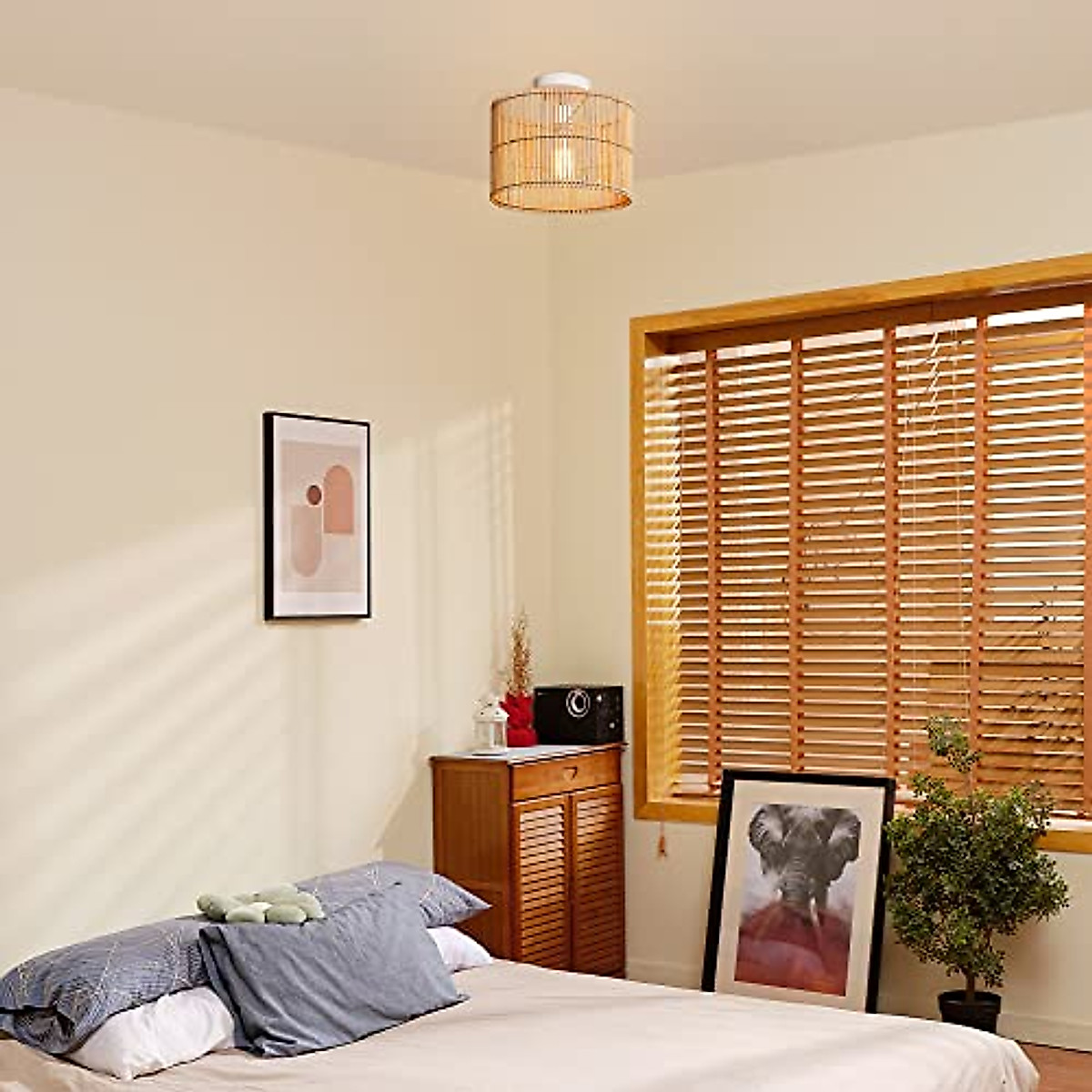 Globe Electric 65901 1-Light Flush Mount Ceiling Light, Matte White, Natural Bamboo Shade, Bulb Not Included