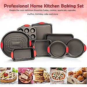 Moss & Stone 9 Piece Baking Pans Set Non Stick, Oven Safe Baking Sheet Set Carbon Steel Non-Stick PTFE Coating, Bakeware Set With Heat Red Silicone Handles, Black Baking Trays For Oven
