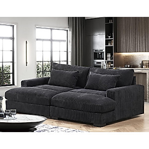 Container Furniture Direct Luxe Sleeper Sofa with Soft Corduroy Upholstery, Double Chaise Design, Convertible to Twin Size Bed, Modern and Comfortable Living Room Couch, Extra Large, Black