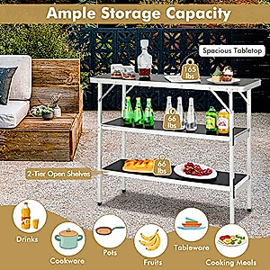 COSTWAY Folding Picnic Camping Table, Portable Lightweight Aluminum Table with Carry Bag, Food Prep Station with 2 Shelves, Quick Set-up, Outdoor Camping Table for BBQ, Party, Backyard (Black)