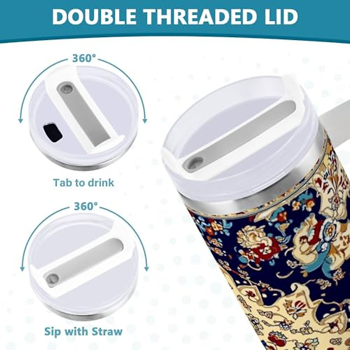 Jihqo Baroque Style Flowers 40 oz Stainless Steel Vacuum Insulated Tumbler with Handle and Straw Lid, Leakproof Water Bottle Double Wall Travel Mug Coffee Cup, Cupholder Friendly