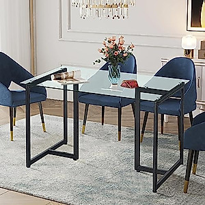 FurnitureR Tempered Glass Dining Table 55 inches for 4-6 Persons Modern Rectangular Spacious Tabletop & Gold Legs Elegant for Home Kitchen Living Room Restaurant, Black