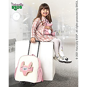 Naturally KIDS Dinosaur Backpack - Dinosaur Toys for Kids 3-5 - Kids Suitcase for Girl Boy w Stuffed Animal - Gifts for 7 Year Old - w Pockets & Reflective Logo - Rolling Backpack w Pink Triceratops