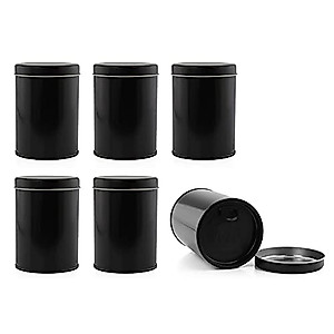 Double Seal Tea Canisters (6-Pack); Black Metal Round Tea Tins w/ Interior Molded Plastic Seal