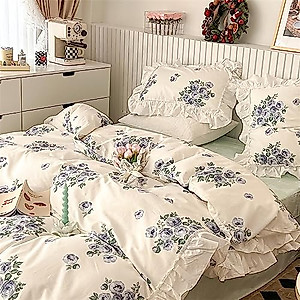 JamChe Lovely Pastoral Style Ink Paint Embroidered Flower Ruffle Lace Bedding 100% Cotton Quilt Cover Sheet Four Piece Set,L,14,Queen 180cm Bed 4pcs