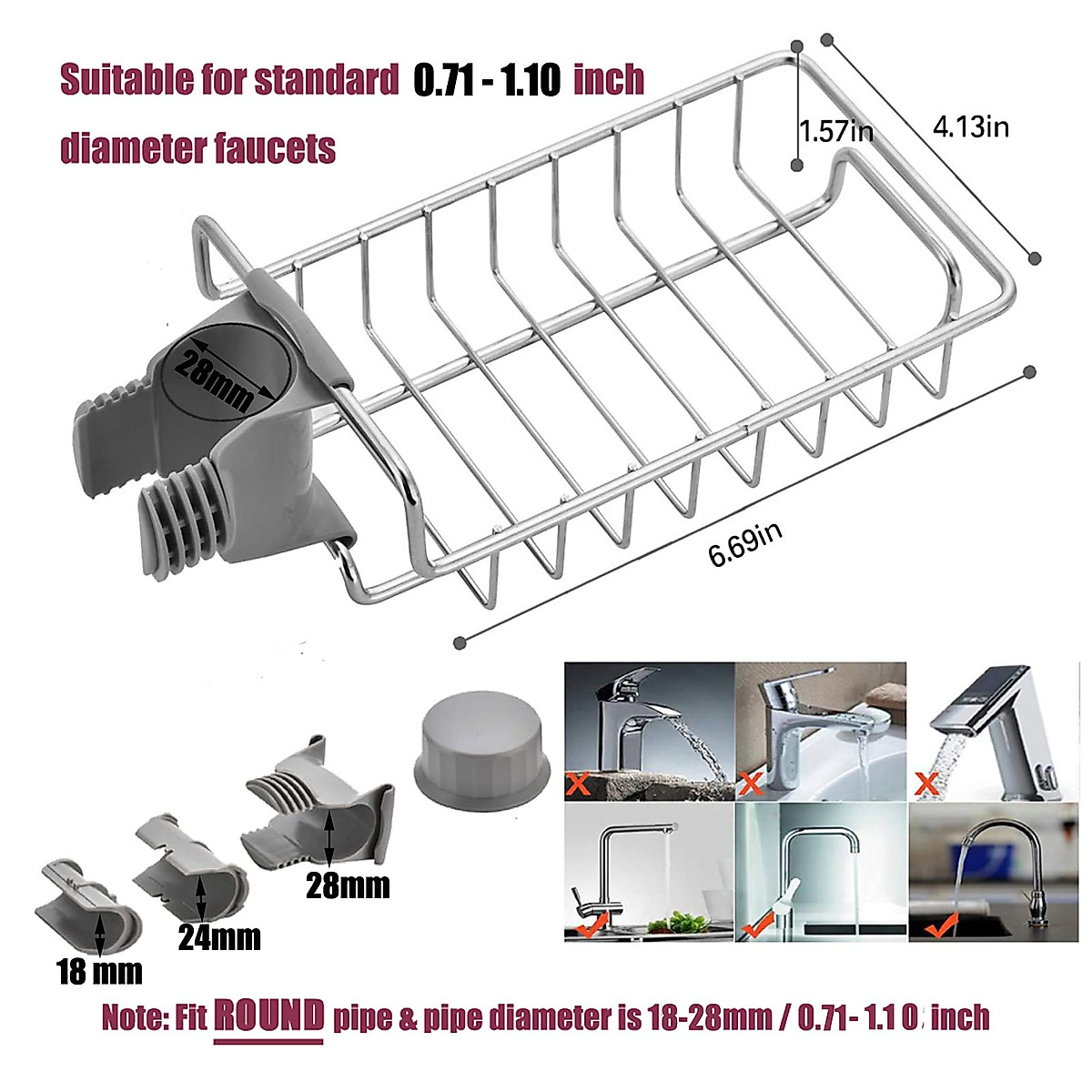 iPstyle Kitchen Sink Caddy Organizer Over Faucet Sponge Holder, Stainless Steel Heavy Duty Thickening Hanging Faucet Drain Rack for Scrubbers, Soap, Bathroom, Detachable No Suction Cup or Magnet