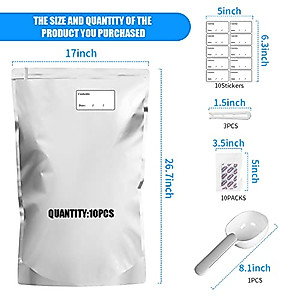 Momtail 10 Pcs 5 Gallon Mylar Bags with Oxygen Absorbers(2500cc),11.8 Mil Thickness Mylar Bags for Food Storage,Heat Sealable,Zipper Resealable,Stand-Up Mylar Bags(27” x 17”)