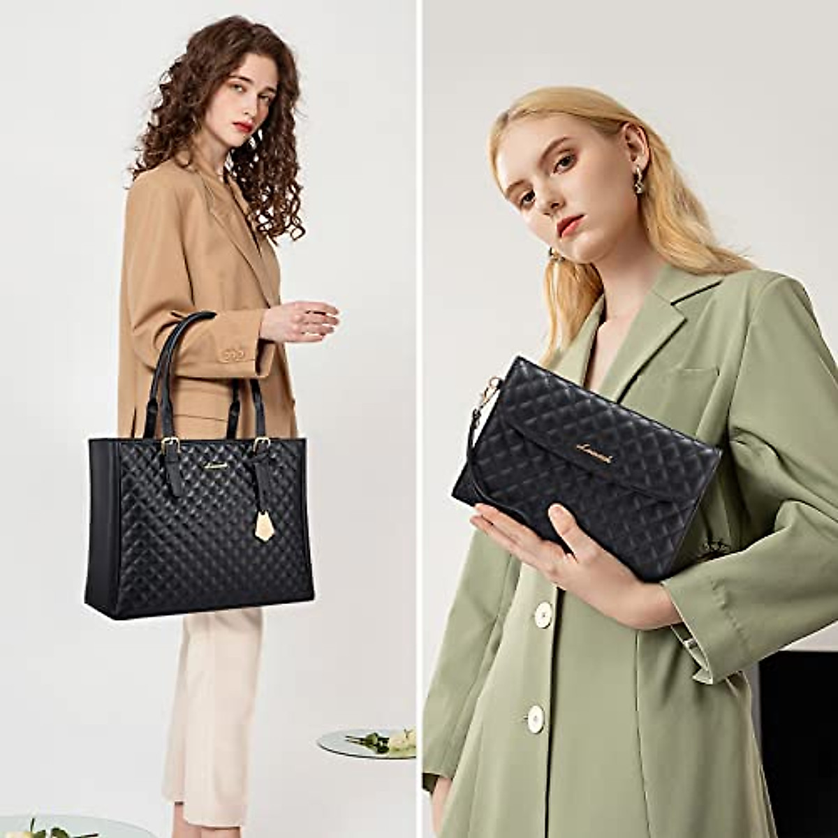 LOVEVOOK Purses for Women, Quilted Womens Handbags and Purses Set with Vegan Leather, Fashion Tote Purse with Top Handle, Satchel Shoulder Bag with Top Zipper, 3pcs, Black