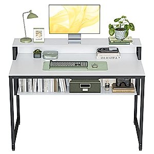 Cubiker Computer Home Office Desk, 47" Small Desk Table with Storage Shelf and Bookshelf, Study Writing Table Modern Simple Style Space Saving Design, White