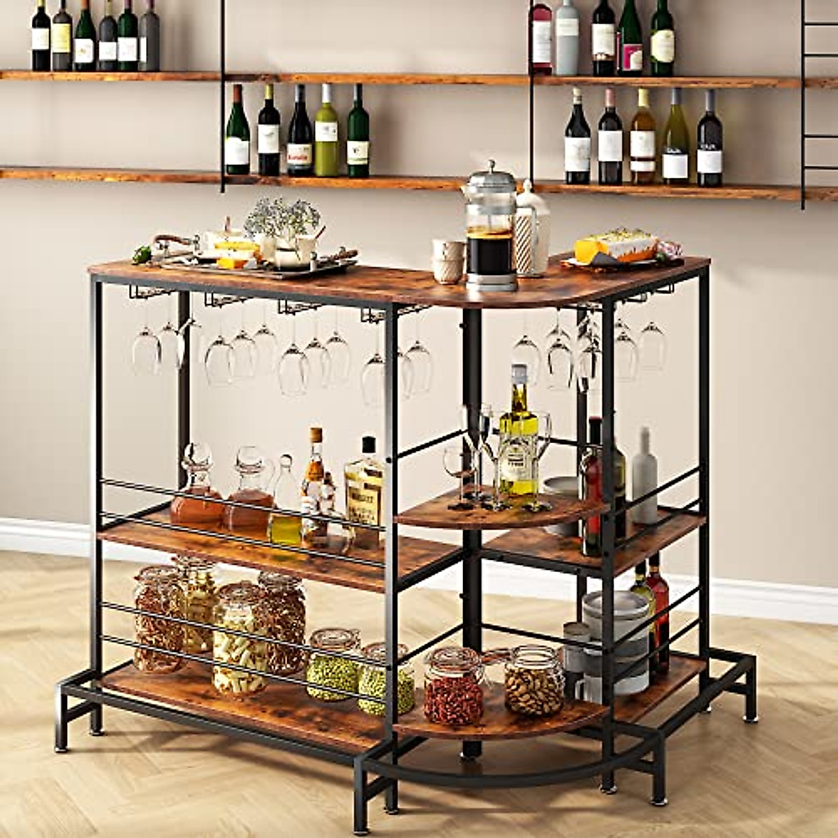 kepptory L-Shape Bar Table, 3-Tier Liquor Bar Table with Storage & Glasses Holder & Footrest, Farmhouse Wine Bar Cabinet for Home, FreeStanding Sideboard and Buffet Cabinet, Retro Brown