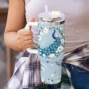 Hyturtle Personalized Floral Peacock 2D Print Tumbler - Peacock Gifts For Women - Animal Present For Peafowls Lover Her - Mothers Day Present For Mom - Custom Travel Coffee Cup 40 oz With Lid Straw