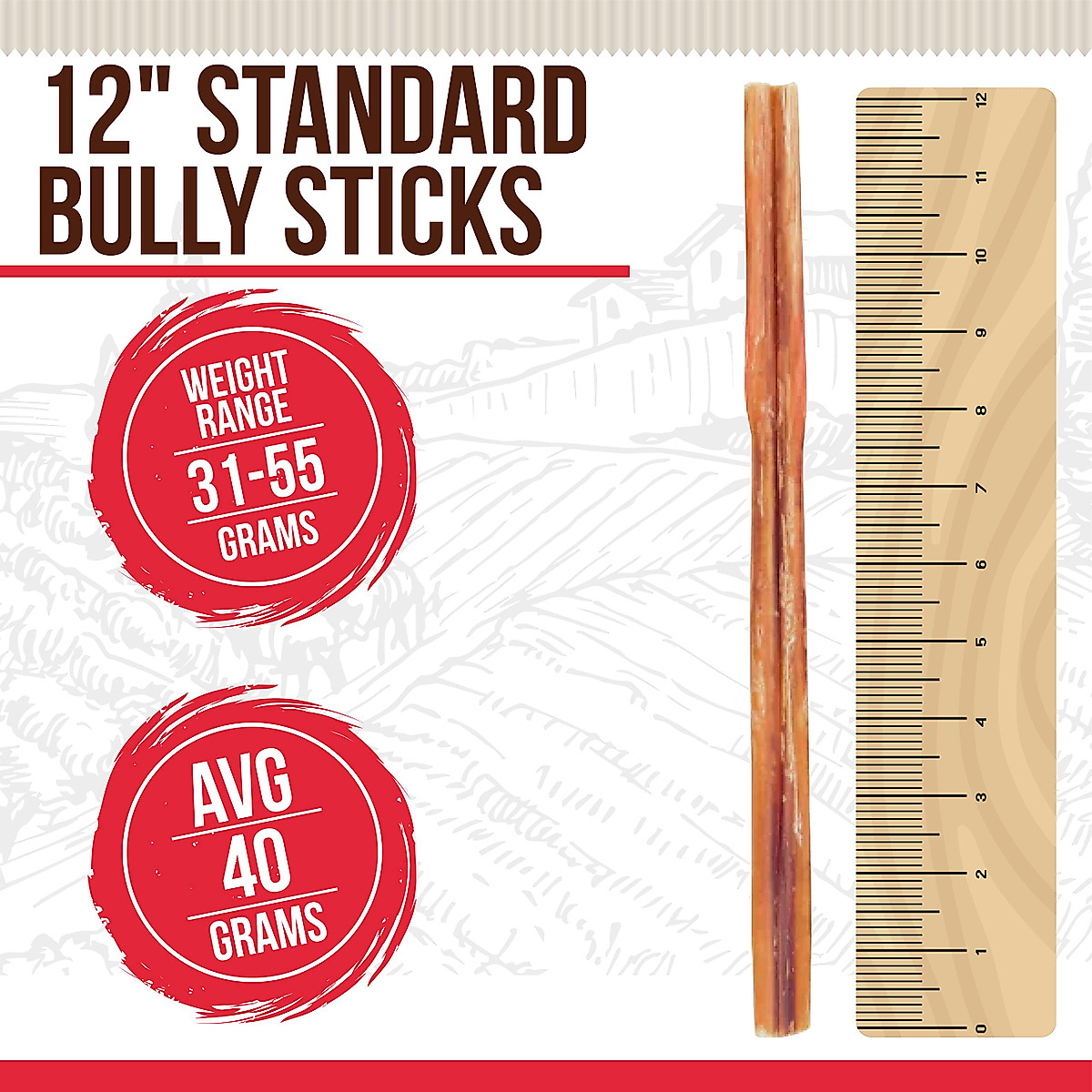 Best Dog Chews Bully Sticks Standard Size -100% All Natural for Dogs Grain and Rawhide Free Beef Chews, Grass-Fed Promotes Joint & Dental Health for All Breed Sizes Dogs and Puppies 12 inch (6 Count)