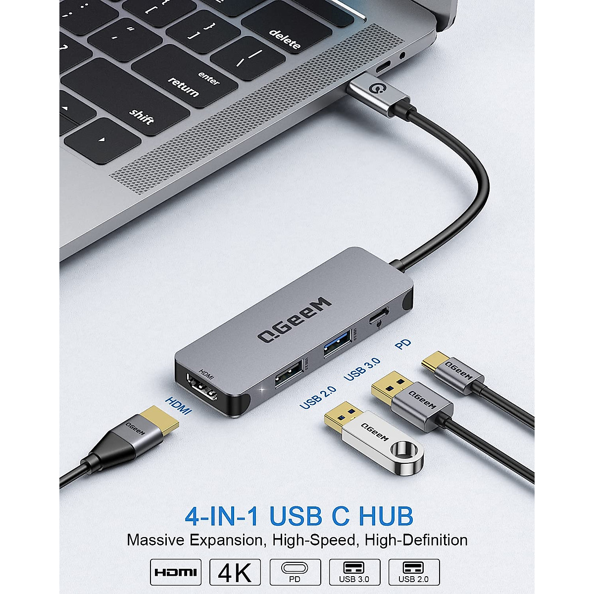 USB C Hub, QGeeM 4-in-1 USB C to HDMI Adapter with 4K USB C to HDMI Hub,100W Power Delivery,USB 3.0,Thunderbolt 3 Hub Compatible for MacBook Pro, XPS, iPad Pro,More Type C Devices