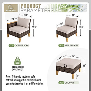 MFSTUDIO 7 Piece Wicker Patio Furniture Set, 2 x Armless Sofa, 2 x Ottoman, 3-Seat Sofa, All-Weather Outdoor PE Rattan Patio Conversation Set Sectional Sofa for Garden, Backyard(Beige Cushions)