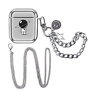 Cute Astronaut Space for AirPods Case with Keychain and Necklace, Soft TPU Plated Shockproof Protective Cover for Women Girls Compatible with Apple AirPods 1&2