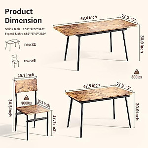 Qsun 7-Piece 63" Dining Table Set for 4-6 People, Extendable Kitchen Table Set with 6 Chairs, Dining Room Table with Metal Frame and Solid MDF Wood Board for Kitchen, Rustic Brown