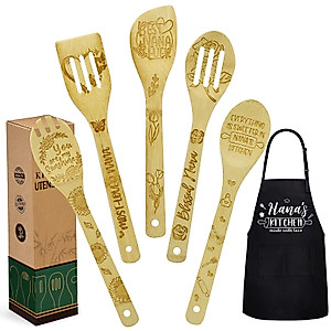 Christmas Day Gifts for Men Women Birthday Gift, Wooden Cooking Spoons Bamboo Kitchen Cooking Utensils Set with Apron Oven Mitt Potholder Set, Kitchen Cookware Gifts for Cooking Lovers