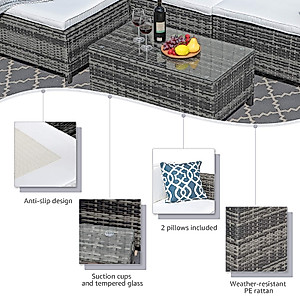 JOIVI Patio Furniture Sets, 5 Pieces All-Weather Outdoor Sectional Sofa Grey Wicker Rattan Patio Conversation Set with Ottoman, Washable White Cushions and 2 Blue Pillows