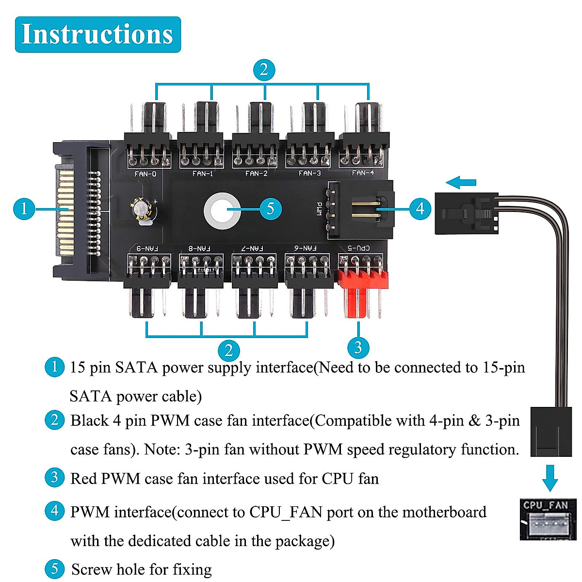 Fancasee 4-Pin PWM Fan Power Supply Cable 1 to 10 Way Splitter Hub 15 Pin SATA Powered PC Case Motherboard Fan Power Extension Cable Cord for ATX Computer Case 4-Pin and 3-Pin Cooling Fans