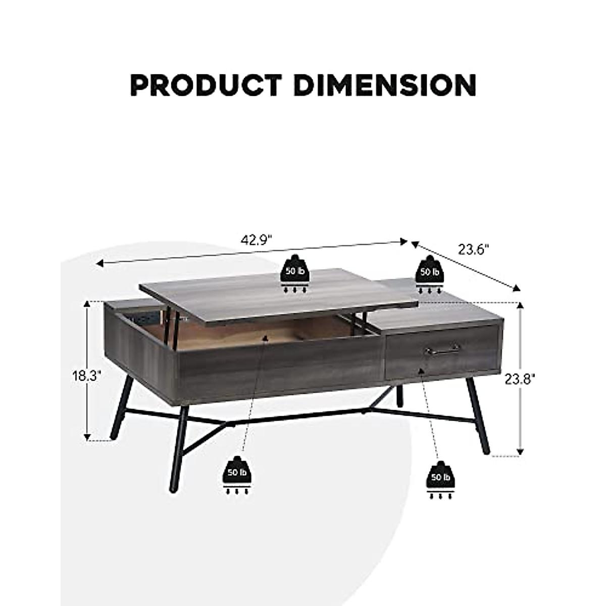 OUllUO Wood Lift Top Coffee Table with Charging Station, Vintage Coffee Table with Storage, Rustic Central Table for Living Room, Home Office, Gray Rising Coffee Table
