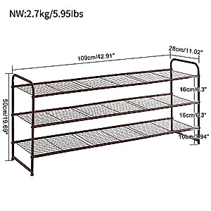 YMYNY Freestanding Shoe Racks, 3 Tiers Stackable & Adjustable Shoe Storage Shelf, Extra Large Capacity Shoe Organizer Stand for 20-24 Pairs, for Entryway, Closet, Bedroom, Brown, 42.9" L, UHXJ302BR