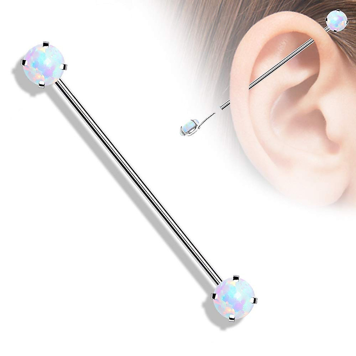 Pierced Owl 14G Stainless Steel Threadless Push-in Prong Synthetic Opal Industrial Barbell (Silver Tone/White Opal)