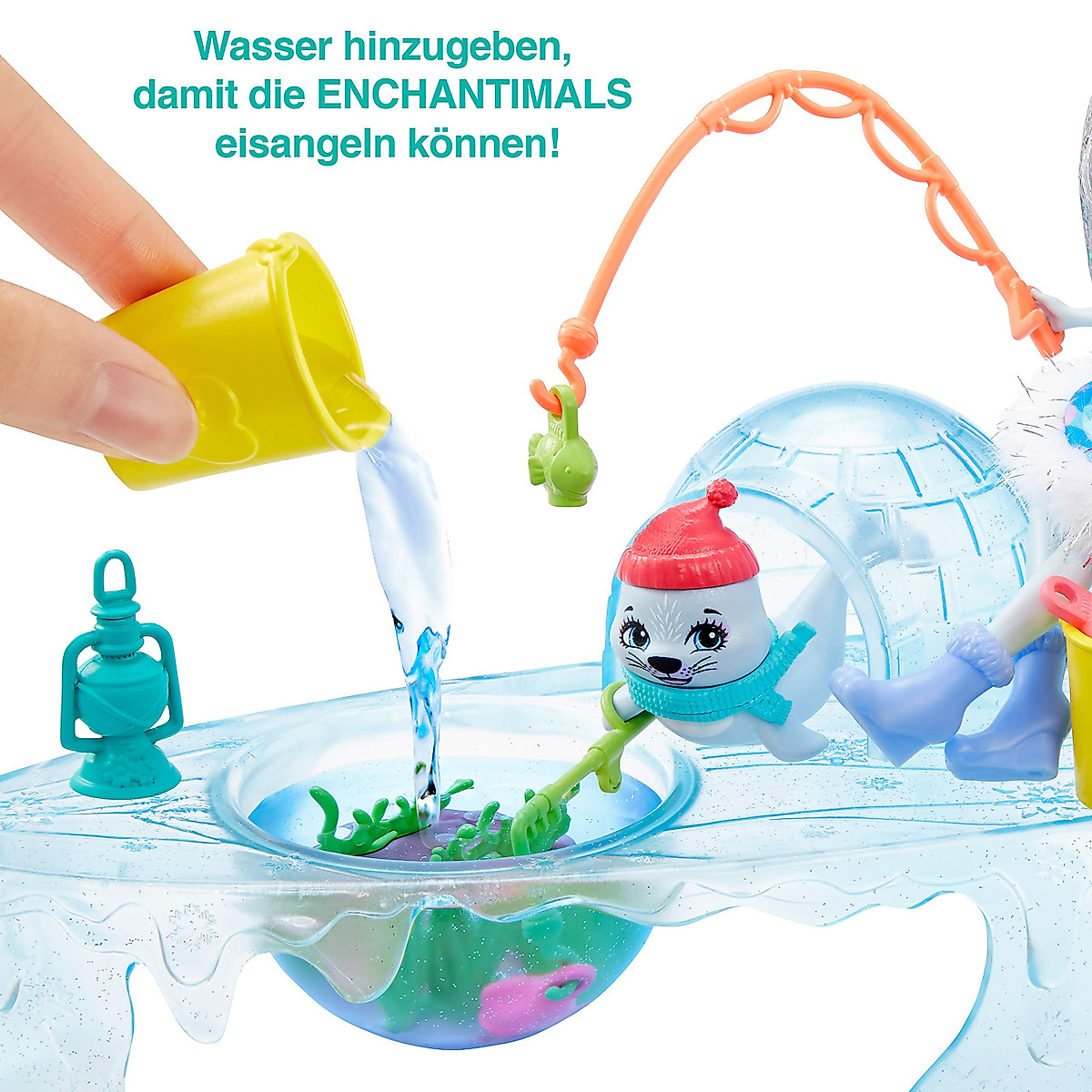 Mattel Enchantimals Fishing Friends Ice Fishing Playset with Sashay Seal Small Doll (6-in) & Blubber Animal Figure, Add Water and Use Poles to Catch Fish, Great Gift for 3-8 Year Olds