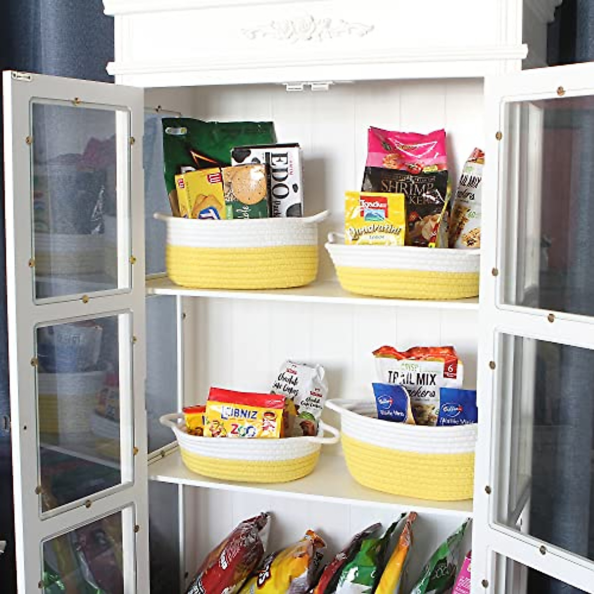 Sea Team 2-Pack Cotton Rope Baskets, 10 x 7 x 4 Inches Small Woven Storage Basket, Fabric Tray, Bowl, Oval Open Dish for Fruits, Jewelry, Keys, Sewing Kits (Yellow & White)