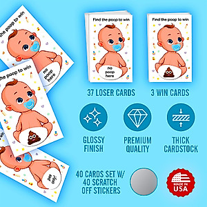 Baby Shower Boy Scratch Off Poop Game, Easy to Play Silly Games, Fun Idea, Ice Breaker Activity. Raffle Cards, Blue Pacifier, Set of 40 Cards Made in USA