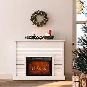 Electric Fireplace Mantel with 23" Electric Fireplace Insert, Package Freestanding Firebox TV Stand Corner Firebox with Log & Remote Control, 750W-1500W, White Stripes