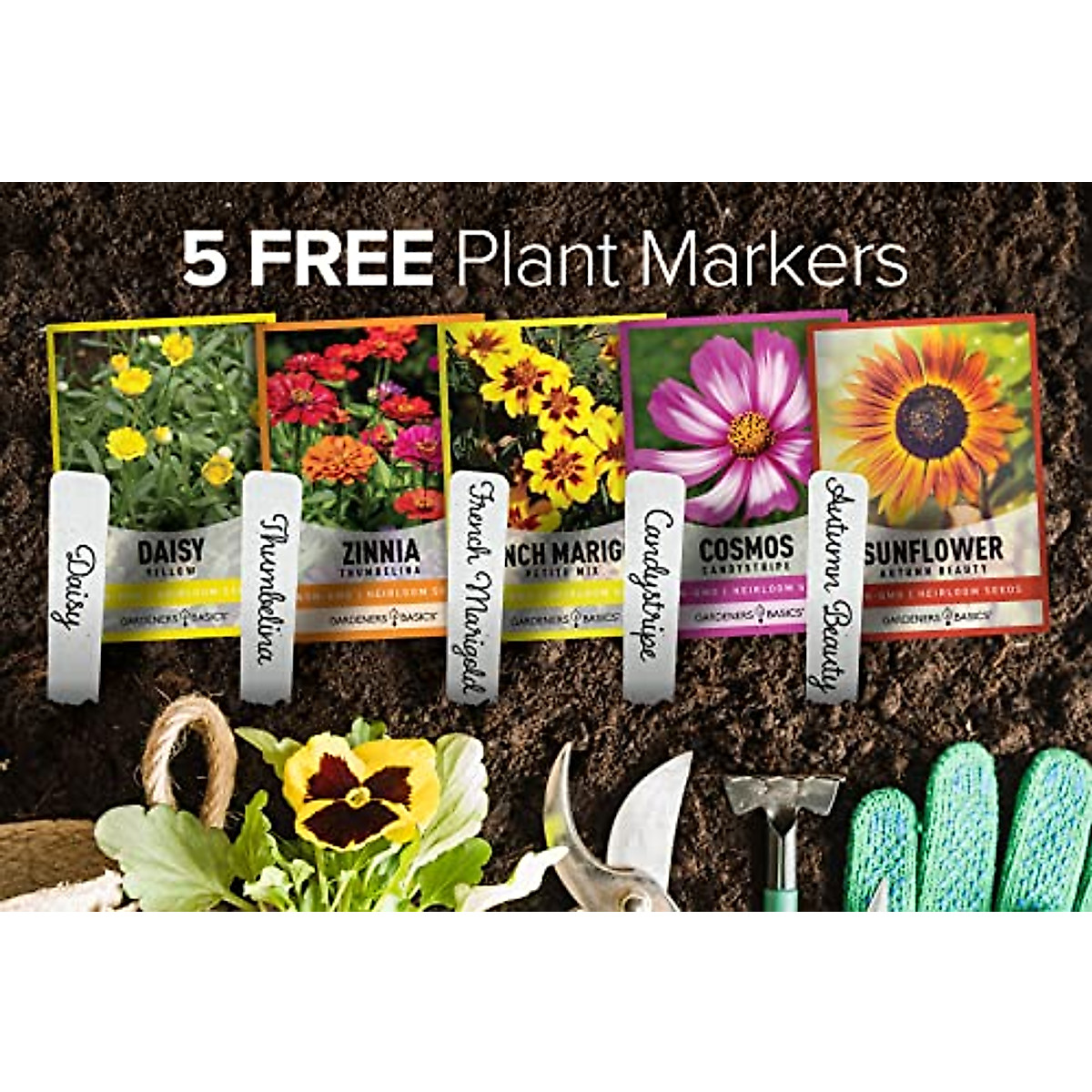 Flower Garden Seeds for Planting Outdoors Flower Seeds (5 Variety Pack) Daisy, Marigold, Cosmos, Sunflower, Zinnia Varieties for Bees, Pollinators Wildflower Seed by Gardeners Basics
