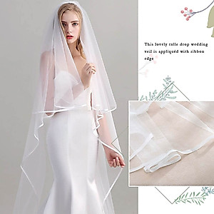 Unsutuo 2 Tiers Bride Wedding Veil Ivory Ribbon Cathedral Veil Bridal Tulle Veil for Women and Girls (Ivory)