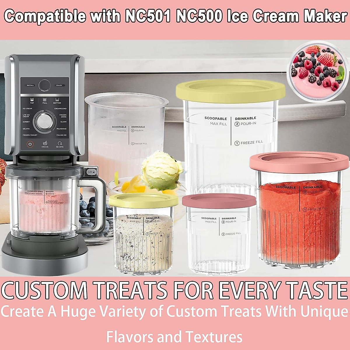 4 Pack Creami Pints and Lids for Ninja, for NC501 NC500 Creamy Icecream Containers Cups Jars Tubs Canisters Set, Smoothie Pot Compatible with NC501 NC500 Series Creamer Ice Cream Maker Machinease.